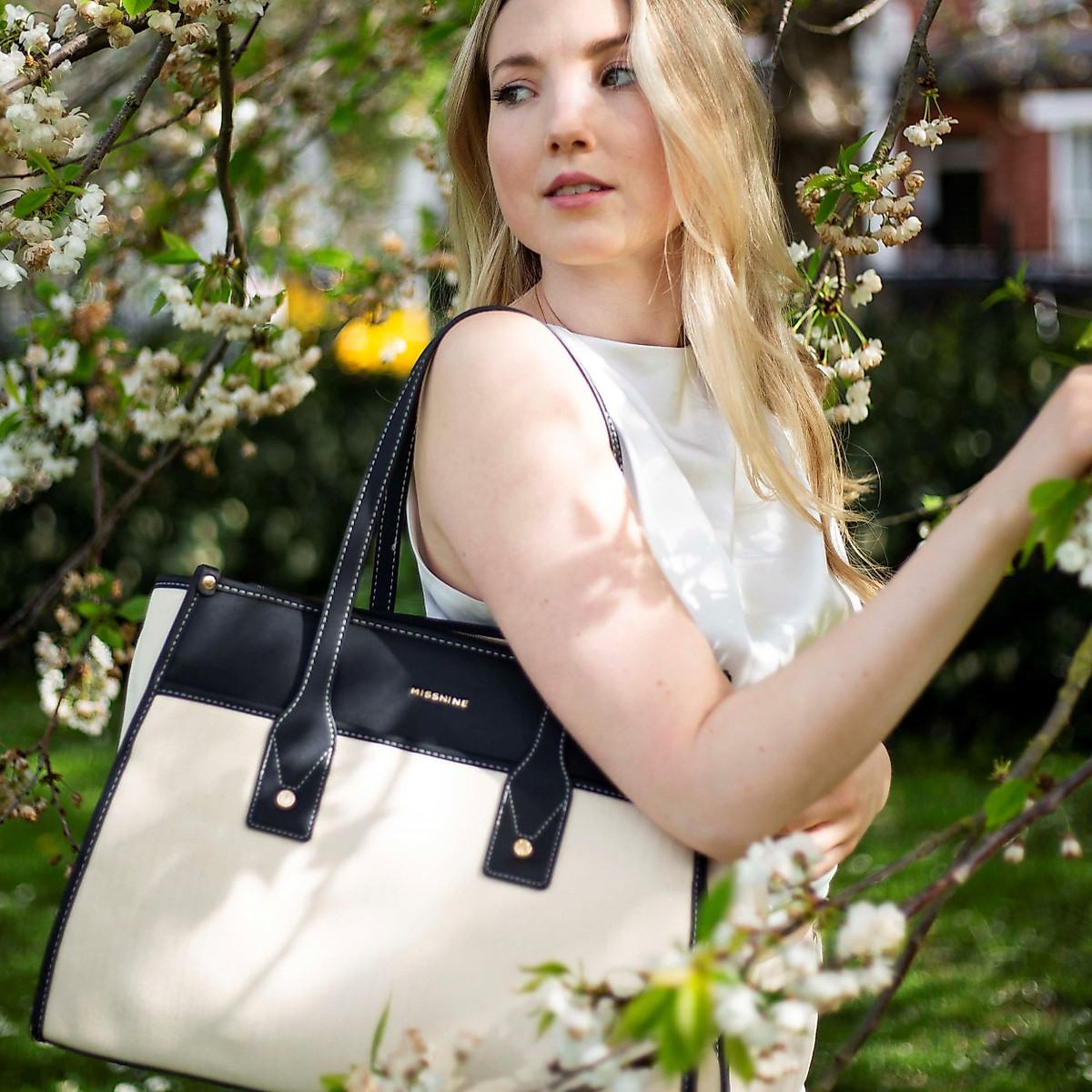 Missnine Tote Bag Canvas Laptop Bag 15.6 inch Work Bags for Women Teacher Bag Casual Computer Shoulder Purse for Office, College, Travel