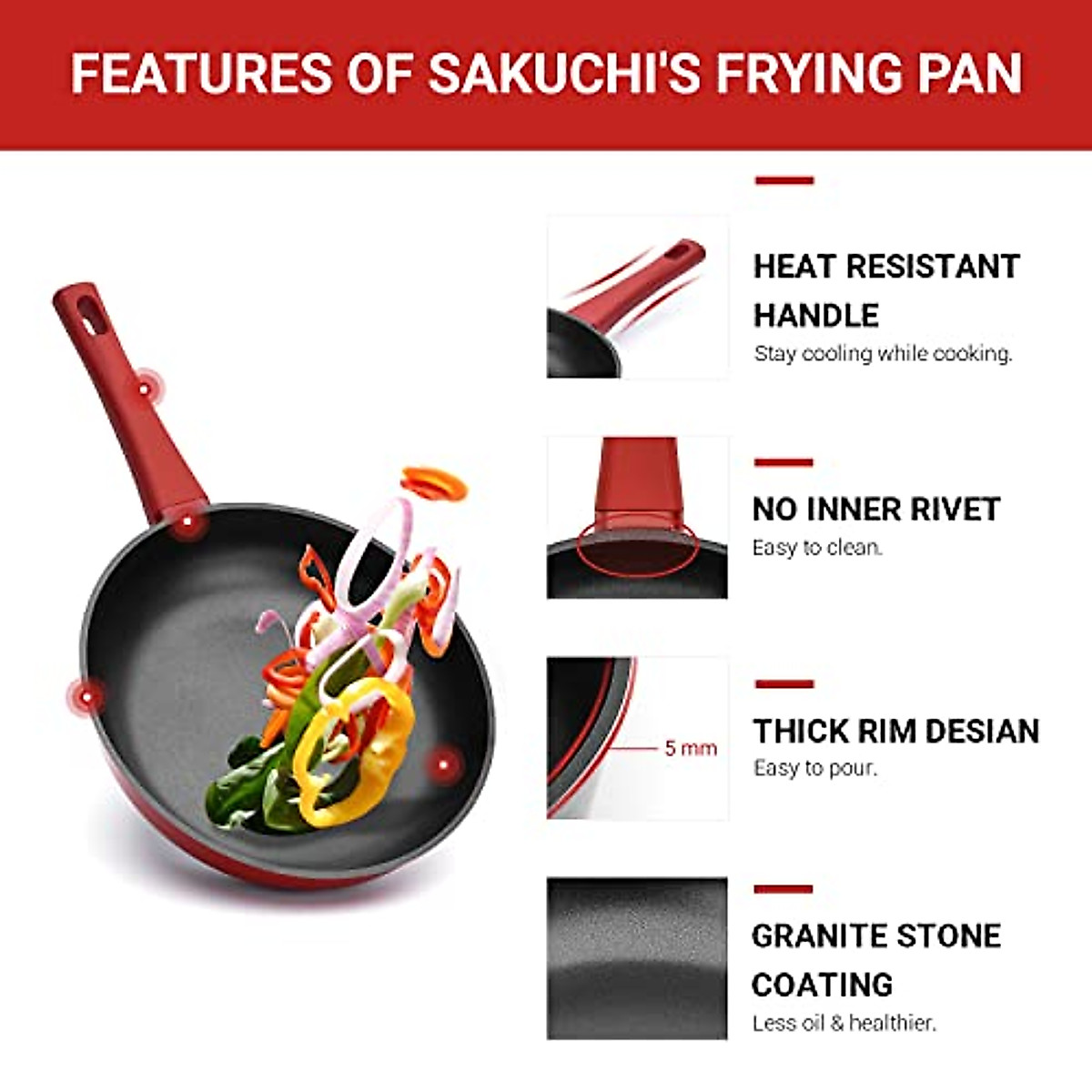 Sakuchi Nonstick Frying Pan with Lid 11 Inch, Skillet Non Stick for Induction Cooktop, Cooking Pan with Bakelite Handle, Green (11“-Red, 11In with lid)