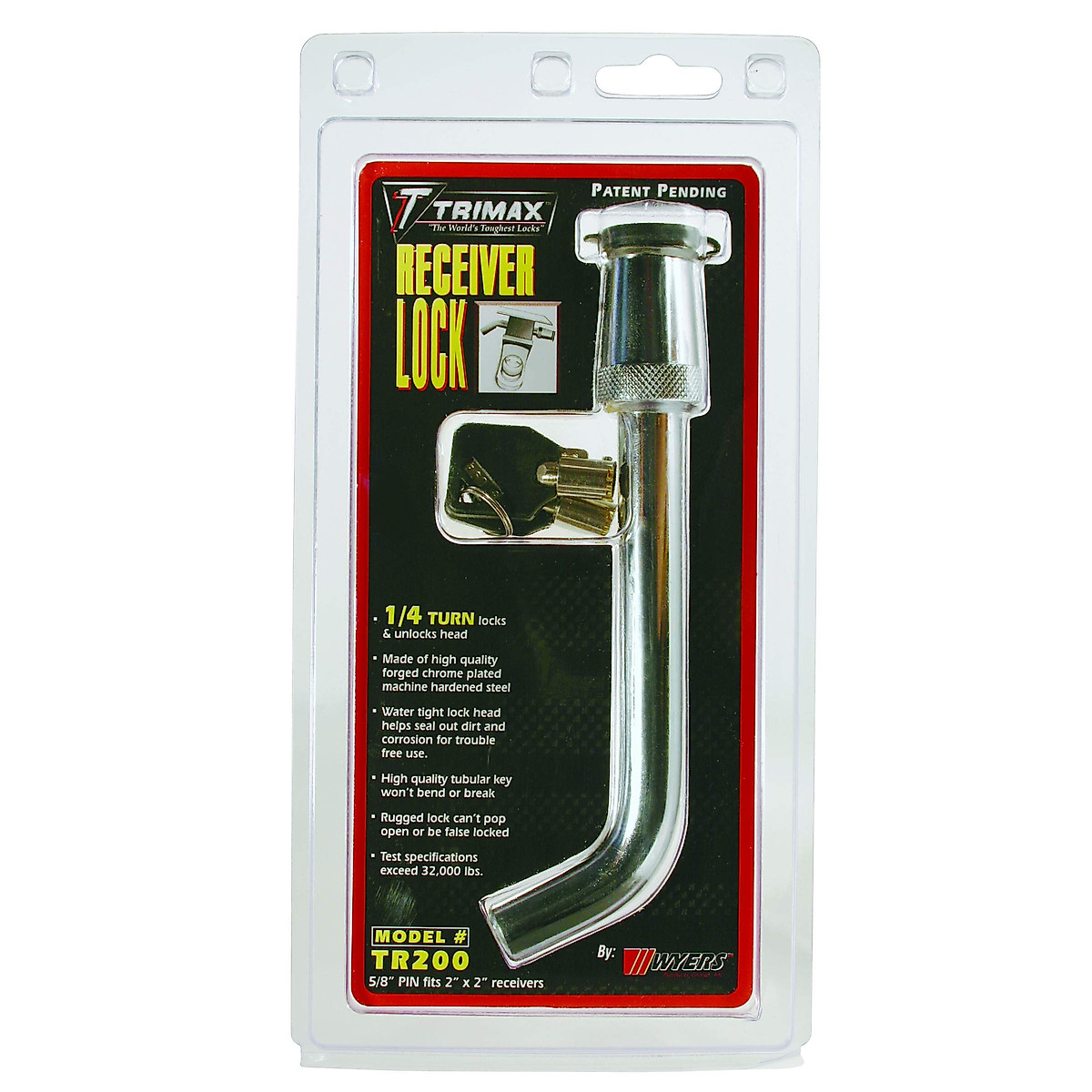 Trimax Deluxe 5/8" Dia. Key Bent Pin Receiver Lock, 3-1/2" Span TR200, Clam Packaging, Chrome