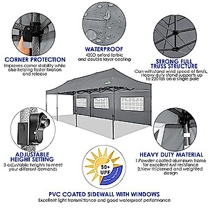 COBIZI 10x30 Pop up Canopy Tent 10x30 Canopy with Sidewalls, Heavy Duty Party Tent Tents for Parties, Foldable UPF 50+ Waterproof Commercial Easy up Canopy with Roller Bag, Grey(Windproof Upgraded)