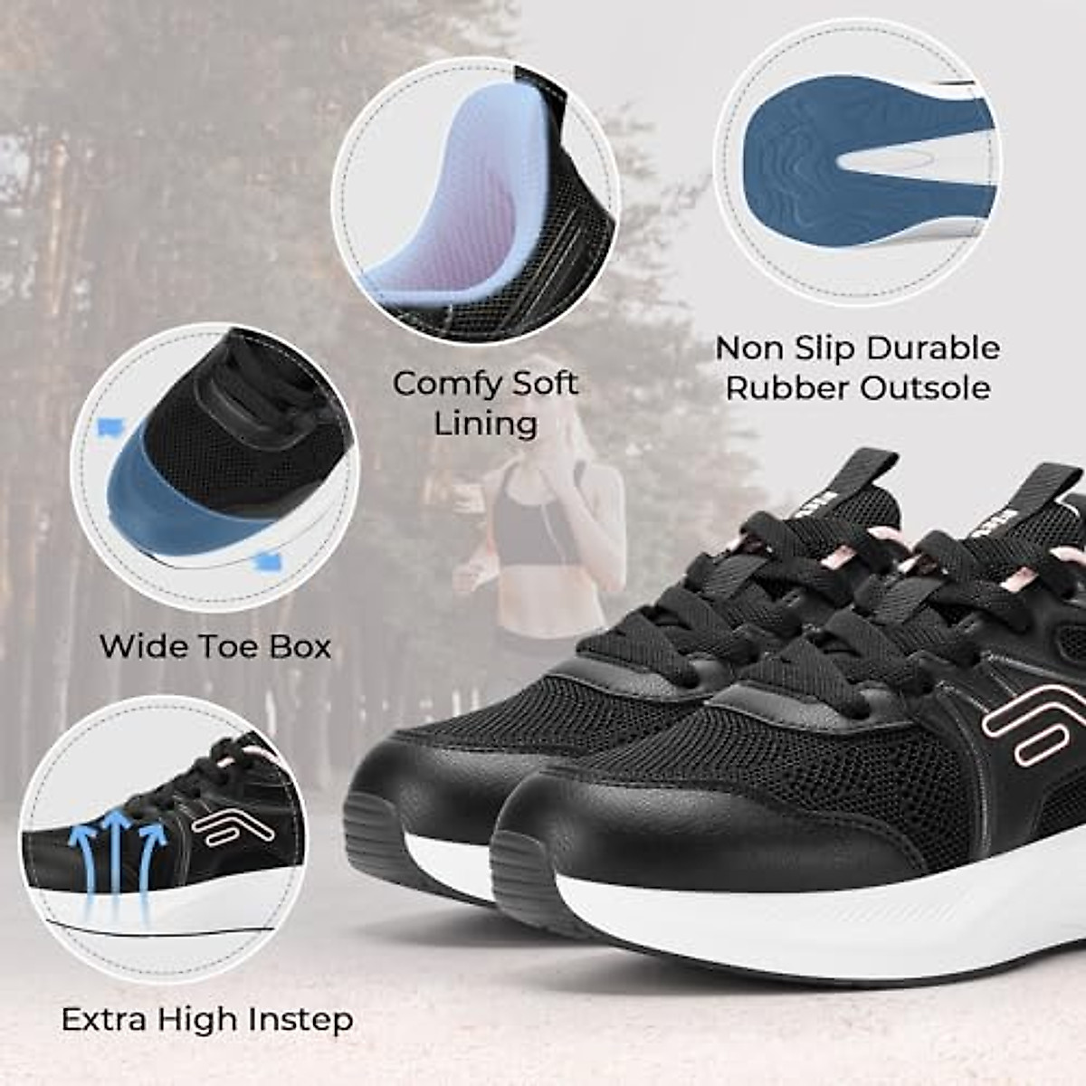 FitVille Womens Walking Shoes Lightweight Running Shoes Breathable Slip On Tennis Shoes for Plantar Fasciitis Pain Relief (Black with Bubblegum Pink,7 Medium)