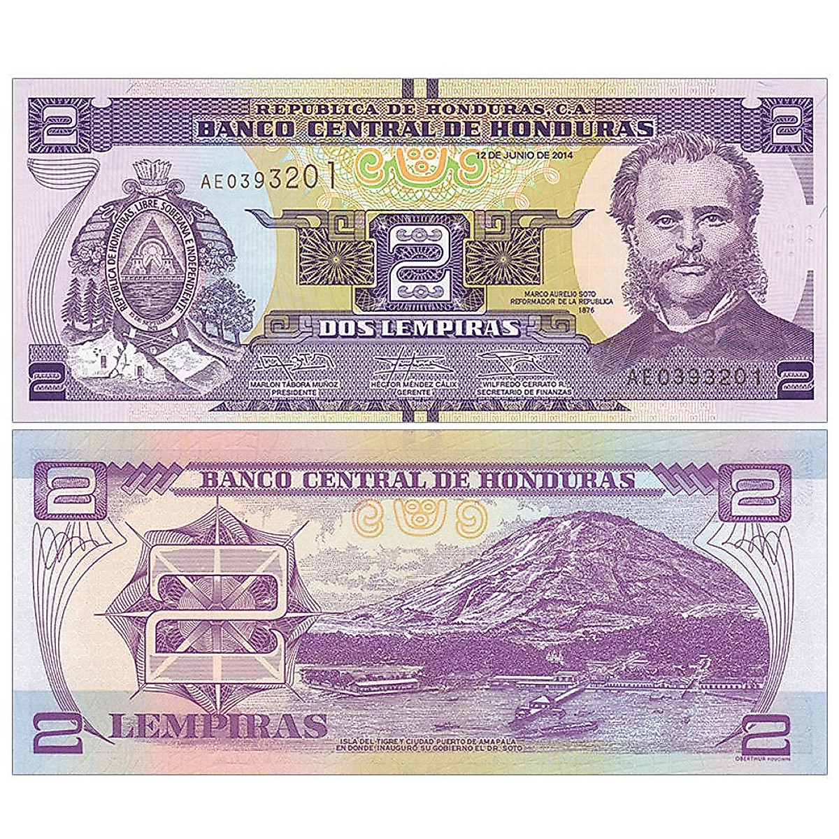 Banknotes Collection-[Americas] Honduras 2 Lombel Banknotes Foreign Memorial Coin 2014 P-97 Currency, Not in Circulation or has exited The Market