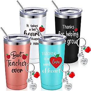 Yinder 8 Pcs Teacher Appreciation Gifts with 4 Pcs 12 oz Teacher Tumbler Stainless Steel Mug with 4 Heart Keychain for Teacher Week, Thank You Gifts End of the Year Teacher Mug for Women Men(Apple)