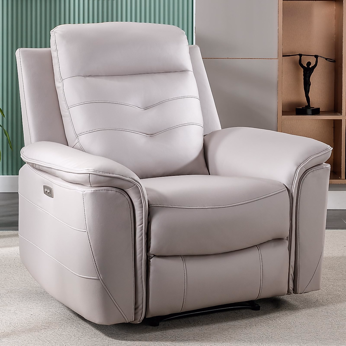 ANJ Power Recliner Chair, Modern Stripes Electric Recliners with USB Port, Upholstered Faux Leather Single Reclining Sofa Chair for Nursery Living Room Bedroom(Light Grey)