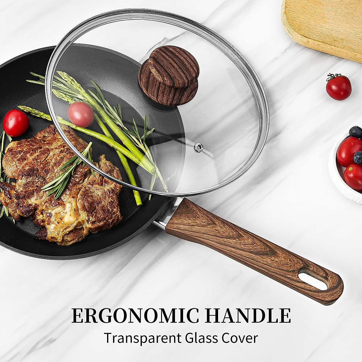 Frying Pan Set With Lids - Non Stick Frying Pans Set 3 Pcs, Nonstick Skillet Pans Set Egg Omelette Pan W/Lid, PFOA Free, Induction Non Toxic Cooking Black Pan Set