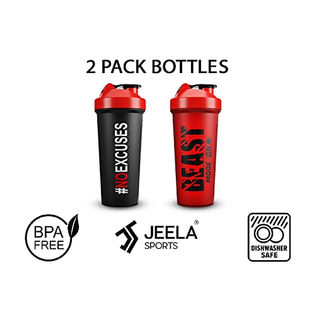 JEELA SPORTS - 2 PACK Protein Shaker Bottles for Protein Mixes With Shake Ball - 24 Oz, Dishwasher Safe Blender Shaker Bottles, Shaker Cup for Protein Shakes for Pre & Post Workout- Gifts, Gym