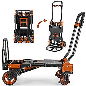 330LB Folding Hand Truck Heavy Duty Carrying, Combination of Four Wheels and Two Wheels Convertible Dolly Cart with Retractable Handle Dolly for Moving Office Carts(Orange)
