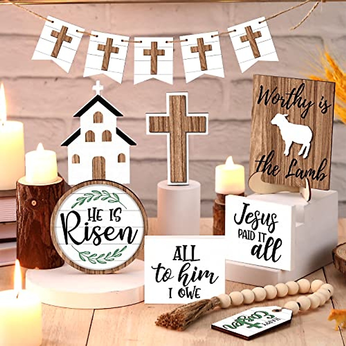 15 Pcs Easter Tiered Tray Decor Set, Table Top Decor Farmhouse Wooden Block Signs Wood Cross Decor with LED String Lights for Easter Home Kitchen Decorations