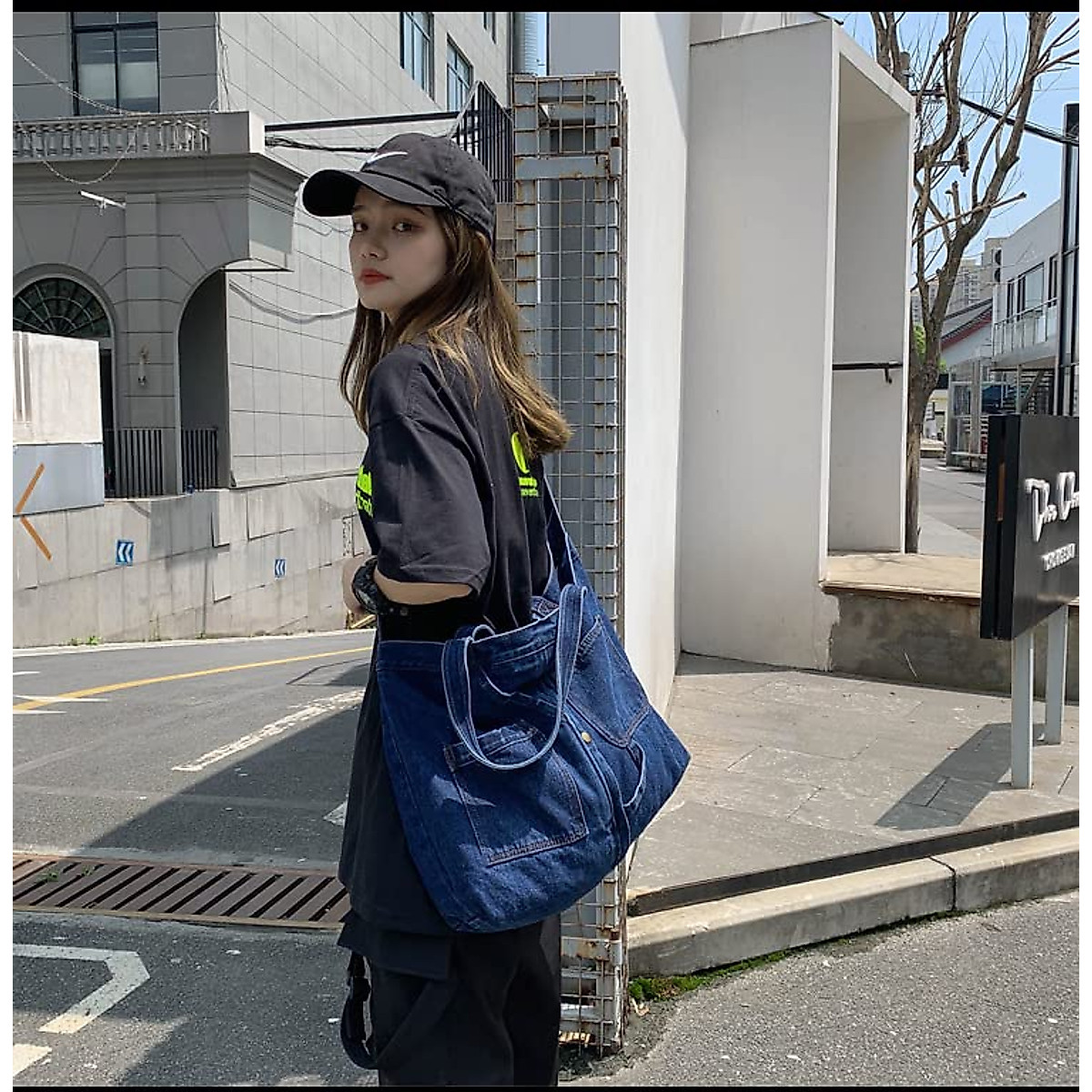 Denim Tote Bag Casual Style Lightweight Classic Retro Travel Shopper Shoulder Handbag Crossbody Handbag (Dark Blue)