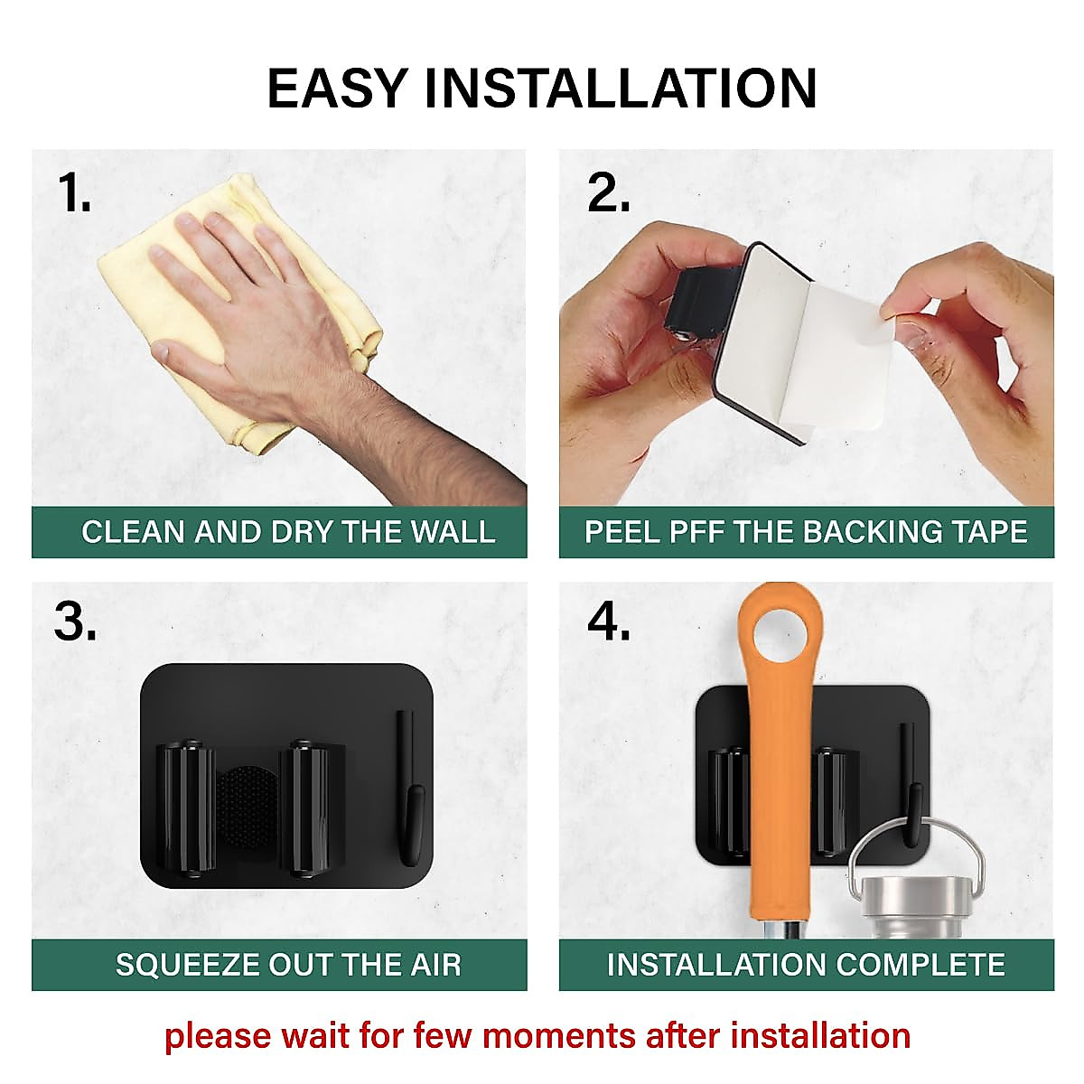 Mop Broom Holder Wall Mounted Heavy Duty No Drill, Adhesive Mop 304 Stainless Steel Mop Hanger Wall Mount Stick on w Hooks for Bathroom Kitchen Closet Garage Garden Organizer with 6 Hooks (Black)