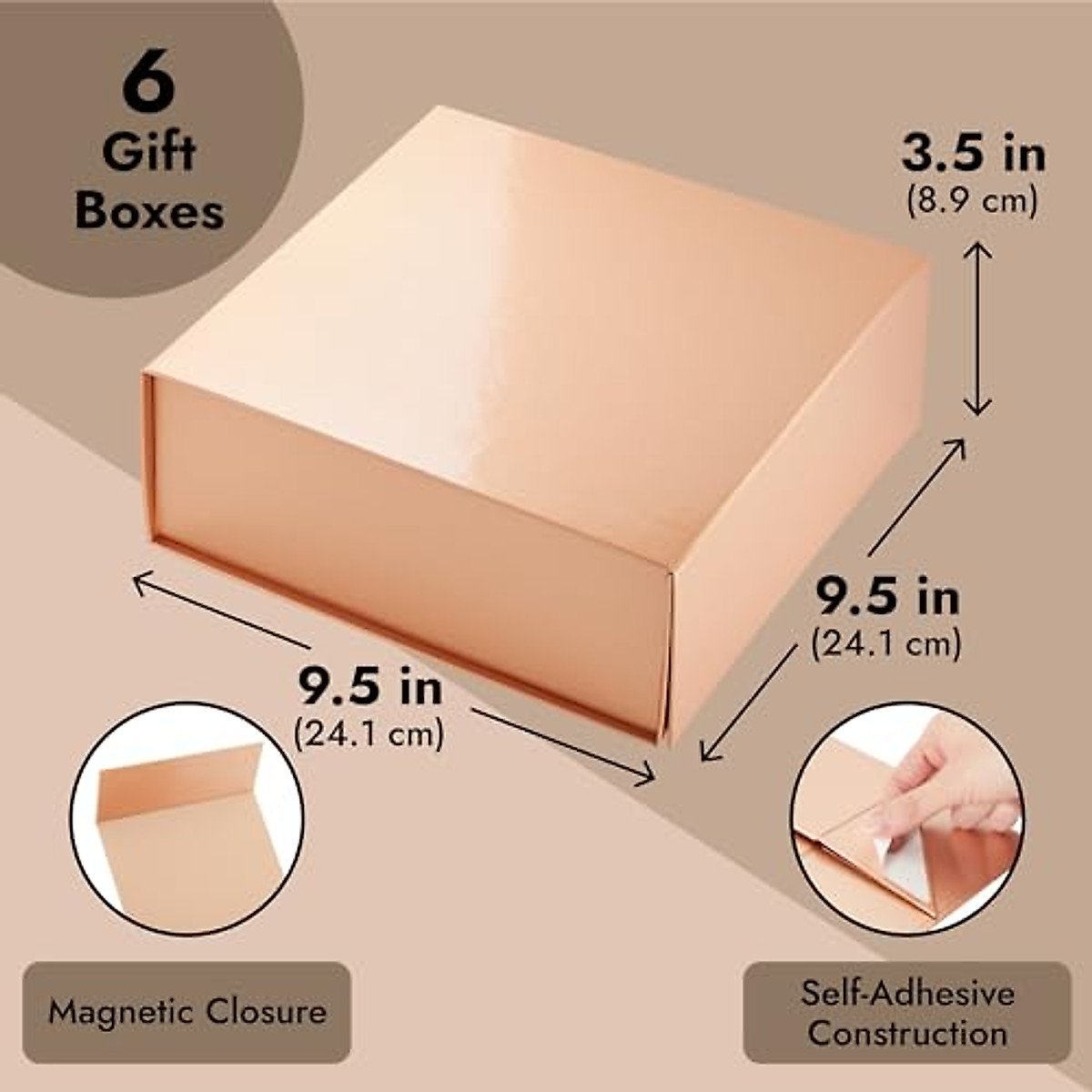 6 Pack Proposal Boxes with Lid for Groomsmen, Bridesmaid, 9.5 x 9.5 x 3.5 Inch Square Glossy Rose Gold Magnetic Gift Box for Parties, Retail