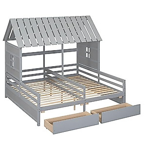 BOVZA Double Beds for 2 Kids, Twin Size House Platform Beds with Two Storage Drawers, Roof and Windows, Boy and Girl Shared Beds, Combination of 2 Side by Side Twin Size Beds, Gray