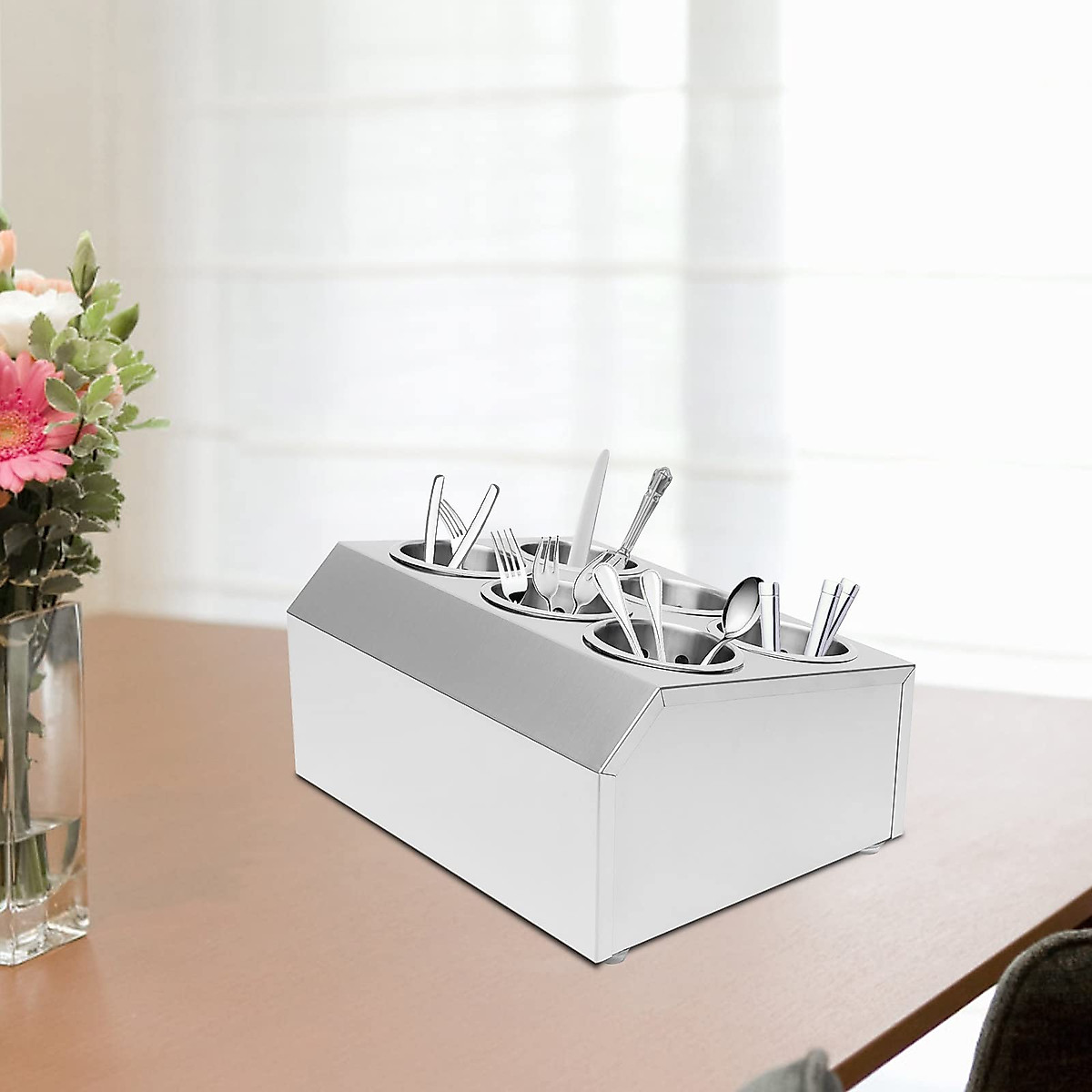 Stainless Steel Cylinder Flatware Commercial Restaurant Silverware Organizer, Stainless Steel Flatware Cylinder Holder For Home,School, Restauran Use (6-Hole)