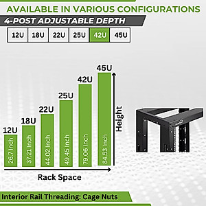 NavePoint 42U 4 Post Server Rack – Open Frame Rack for 19 Inch Equipment, Adjustable Depth 4-Post Network Rack Floor Mount, 42U Server Rack 793lbs Capacity, Black