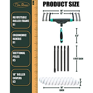 10pcs PinStone Large Paint Roller Kit, 12"-18" Adjustable Roller Frame, 1-5 Ft Steel Extension Pole, Ergonomic Handle, 3pcs 18" Nylon Roller Covers for Walls,Ceiling,Floor,Interior & Exterior Painting