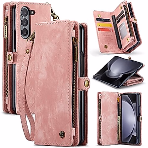 phone flip case Wallet Case Compatible with Samsung Galaxy Z Fold 5,2 in 1 Detachable Premium Leather Magnetic Zipper Pouch Wristlet Flip Phone Case,Matte Soft Leather+TPU Bottom Shell Case W Card Hol