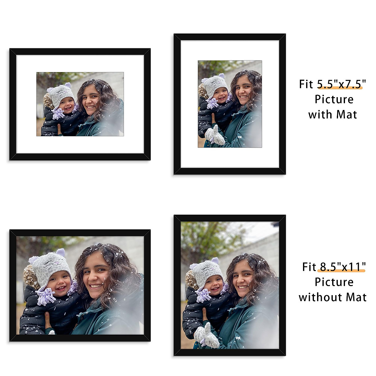 Picrit 8.5x11 Picture Frame Set of 12, Display 6x8 with Mat or 8.5 x 11 Without Mat, Photo Frames for Wall Mounting or Table Top Display, Black.