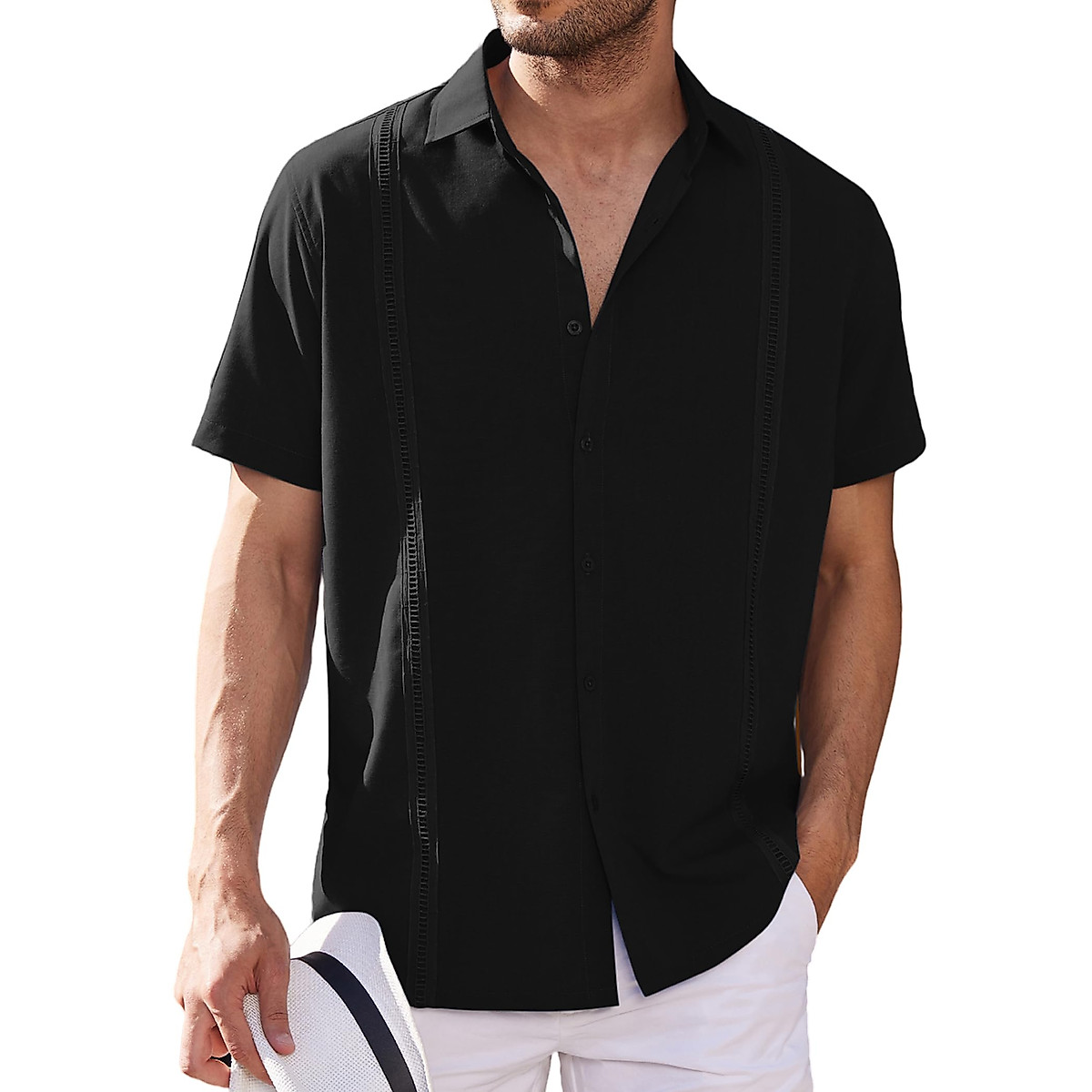 COOFANDY Men's Casual Button Down Shirts Short Sleeve Cotton Tops Resort Wear Summer Beach Shirt A-Black