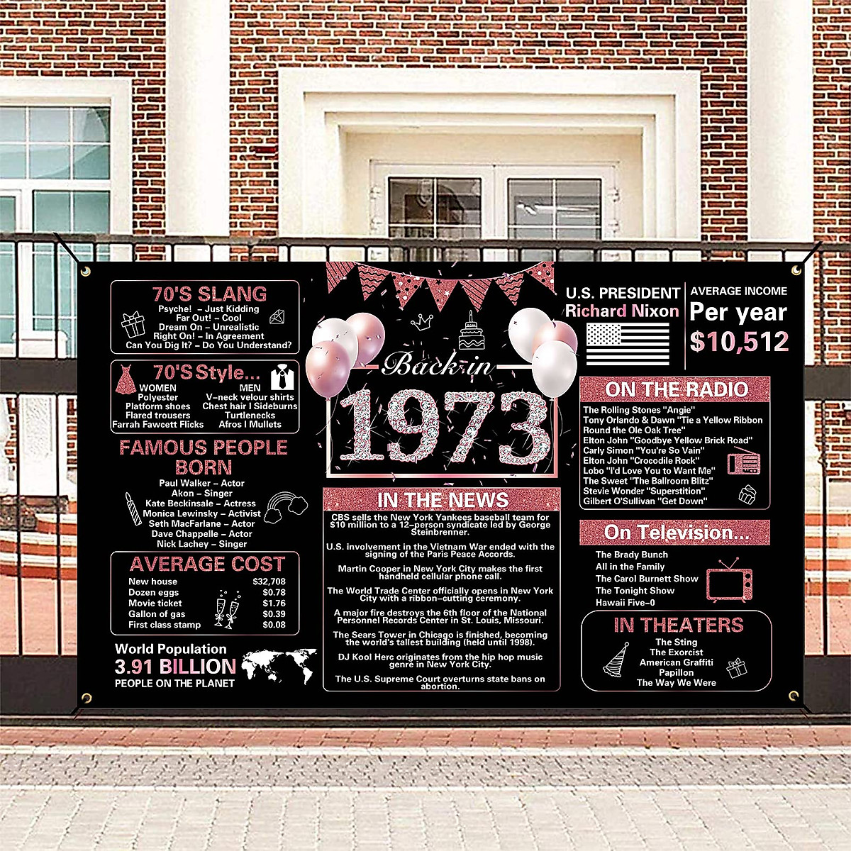 Crenics Rose Gold 50th Birthday Decorations for Women, Vintage Back in 1973 Birthday Backdrop Banner, Large 50 Years Old Birthday Anniversary Poster Photo Background Party Supplies, 5.9 x 3.6 Ft