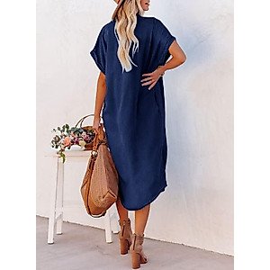 Dokotoo Midi Denim Dress for Women 2024 Button-Down Side Slit Pockets Short Sleeve Solid Color Fashion Spring Summer Dresses Blue X-Large