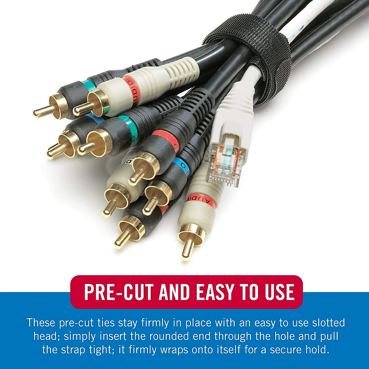 VELCRO Brand ONE-WRAP Cable Ties, 100Pk, 8 x 1/2" Black Cord Organization Straps, Thin Pre-Cut Design, Wire Management for Organizing Home, Office and Data Centers