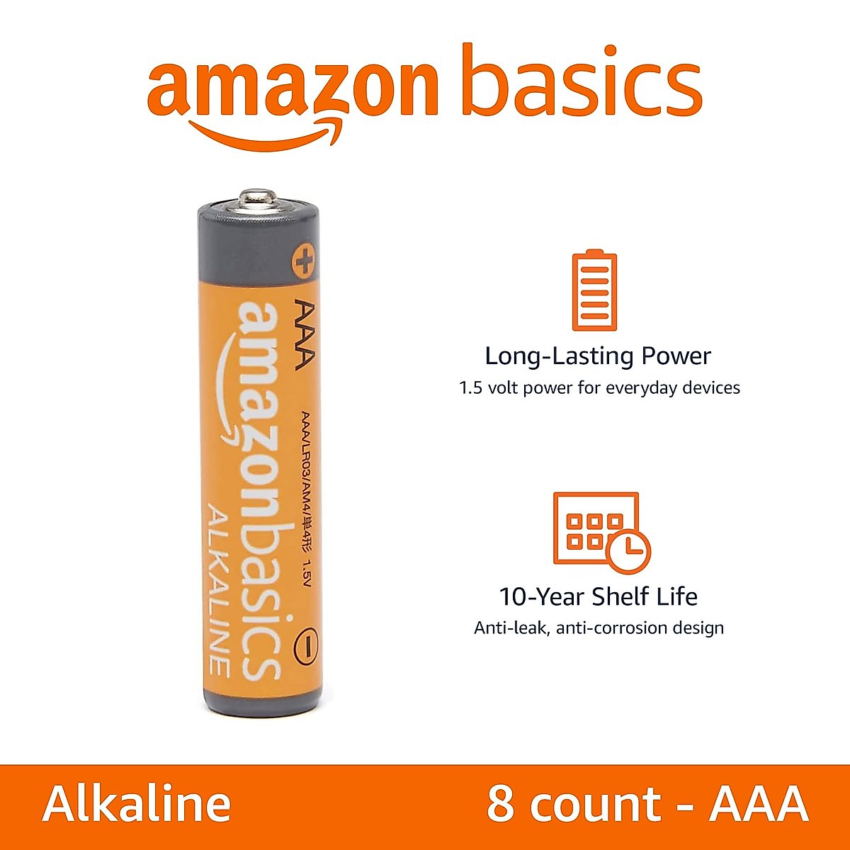 Amazon Basics 8 Pack AAA High-Performance Alkaline Batteries, 10-Year Shelf Life, Easy to Open Value Pack,8 Count (Pack of 1)