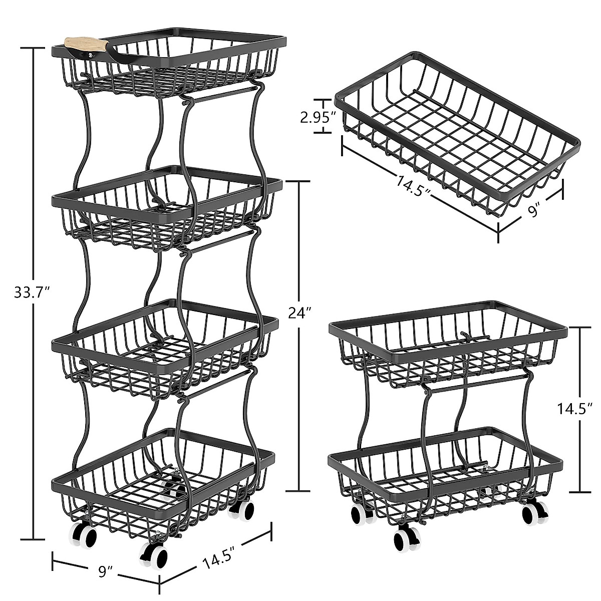 OKZEST Fruit Basket, 4-Tier Small Kitchen Organizer and Storage Cart on Wheels, Rolling Pantry Snack Cart with Handle for Storing Fruit, Potato, Onion, Snacks, Vegetables, Bread, Produce