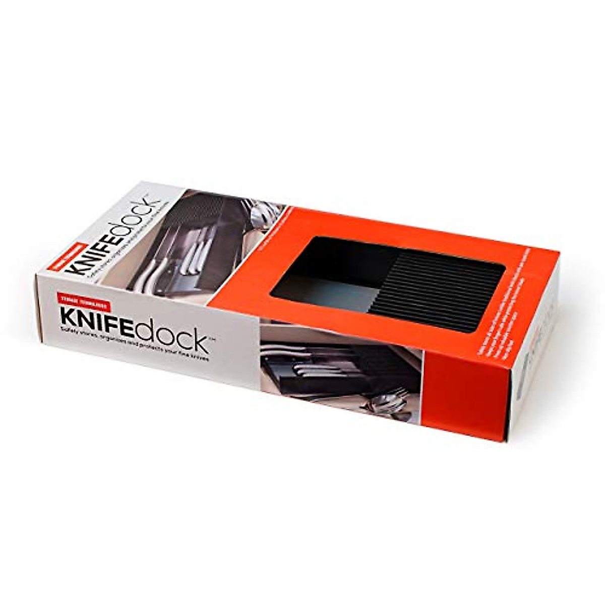 Plastic KNIFEdock - In-Drawer Knife Storage for your kitchen. Replace your knife block with a revolutionary product. Clear your counter top of clutter, and easily identify the desired knife. KNIFEdock