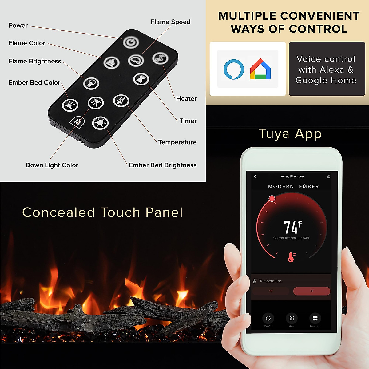 Modern Ember Highmark 72 Inch Smart Linear Electric Fireplace - Premium Flame with 10 Colors, Sleek Hidden Vent Design, Install Recessed in-Wall or Wall-Mount, WiFi and Voice-Enabled