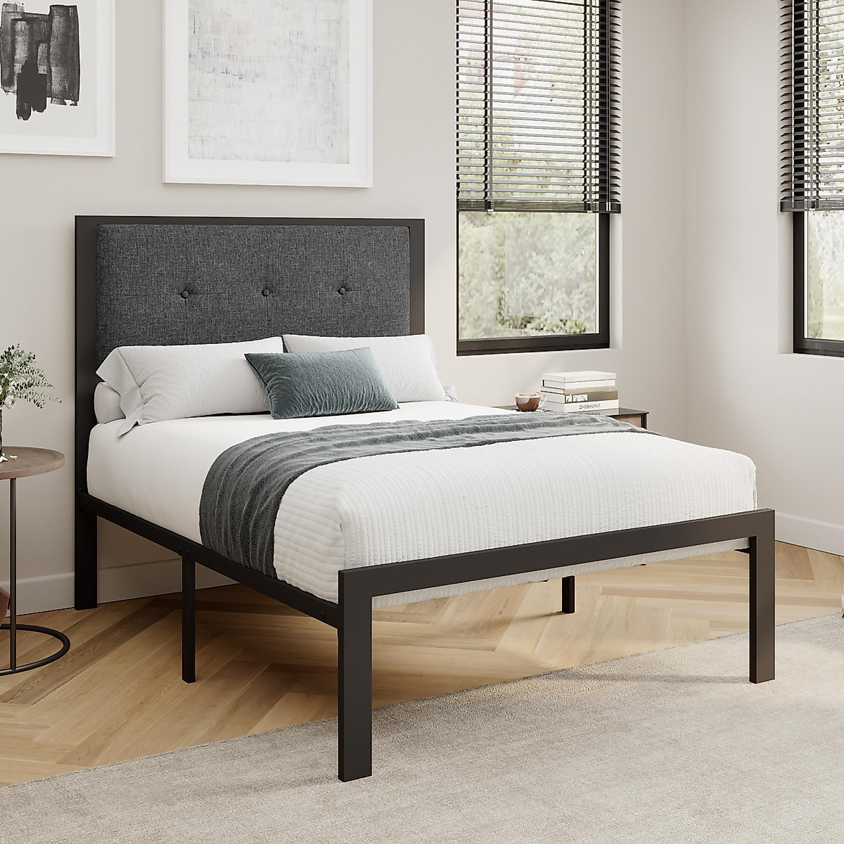 Allewie Twin Bed Frames with Upholstered Button Tufted Headboard for Kids, Platform Bed Frame with 12.4” Underbed Storage, No Box Spring Needed, Noise Free, Grey.