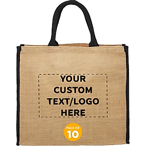 DISCOUNT PROMOS Custom Fresno Eco Friendly Jute Tote Bags Set of 10, Personalized Bulk Pack - Reusable, Great for Tradeshows, Grocery, Shopping and Outdoor Events - Black