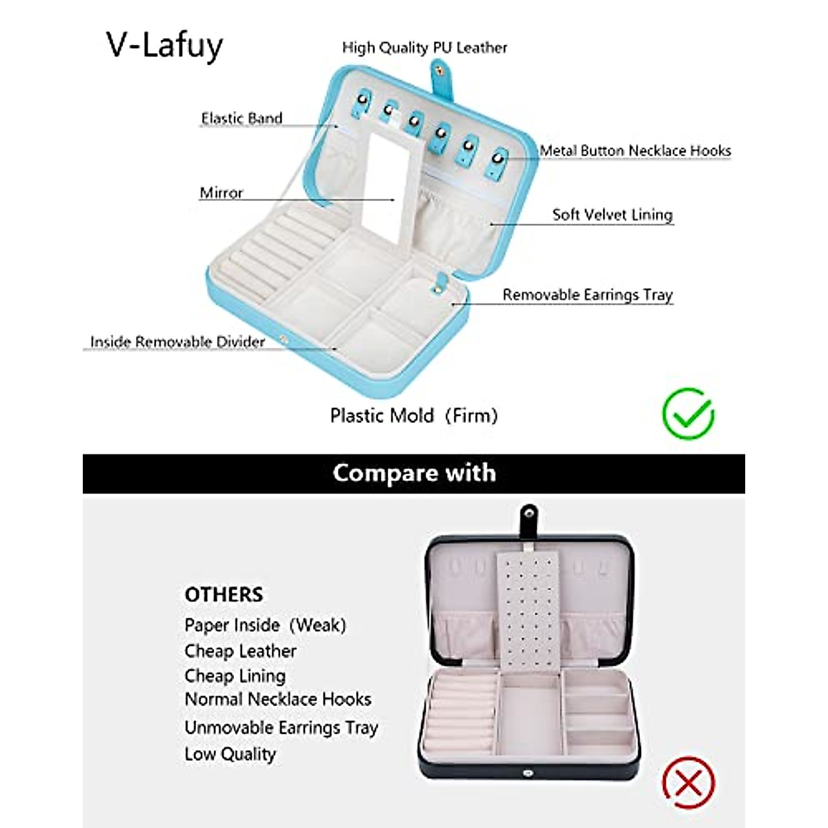 V-LAFUY Jewelry Travel Box Small Jewelry Travel Case with Mirror, Portable Jewelry Box Travel for Women Girl, Jewelry Case for Traveling, Blue N