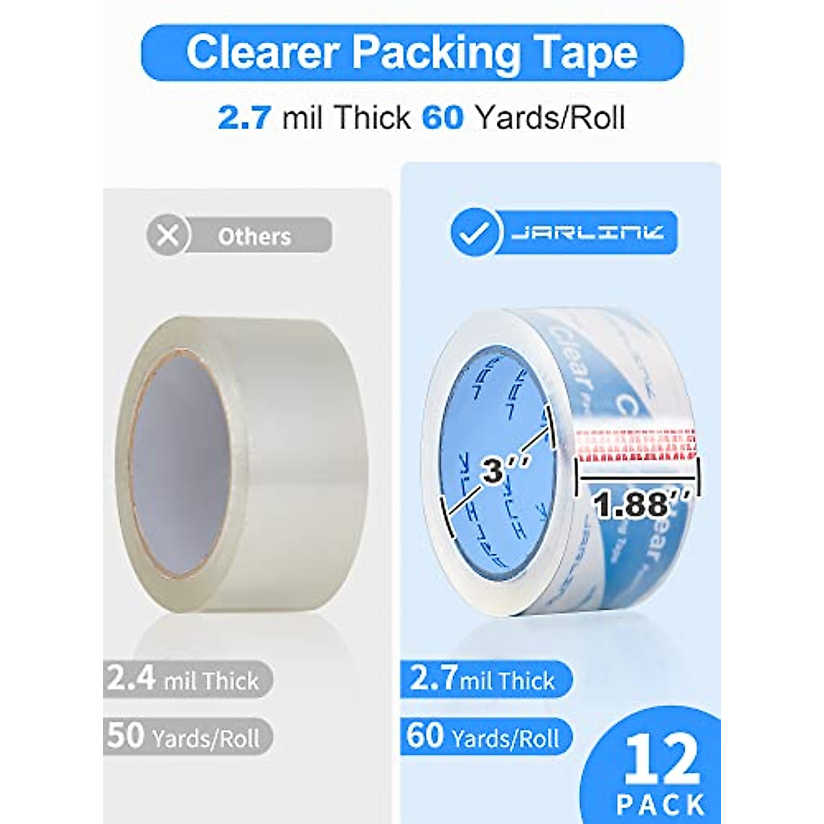 JARLINK Upgraded Version Clearer Packing Tape 12 Rolls, Heavy Duty Packaging Tape for Shipping Packaging Moving Sealing, 2.7mil Thick, 1.88 inches Wide, 60 Yards Per Roll, 720 Total Yards