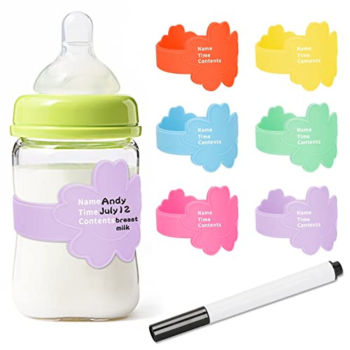 Baby Bottle Labels for Daycare,Original Flower Design for Write and Reuse Baby Bottle Labels 6 Packs use to fit for Dr.Brown 4 Ounce and All Other Bottles