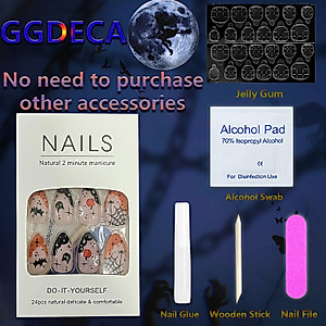 Halloween Acrylic Press on Nails Almond Shape Fake Nails Short Full Cover Glue on Nails Halloween Stick on Nails Cute Ghost Pumpkin Bat False Nails with Designs Halloween Pink&Black Manicure Art 24Pcs