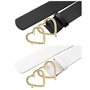 Ayliss Women Leather Waist Belt Fashion Casual Jeans Belt with Double Heart Shape Buckle Dress Pants (Black and White)