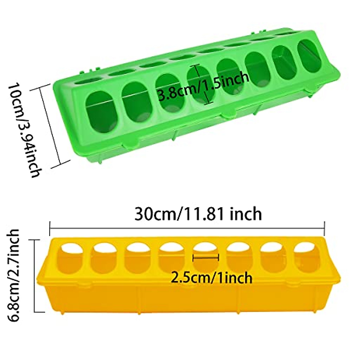 Flip Top Poultry Feeder with 16 Holes on Floor No Mess No Waste for Small Poultry Pigeon Quails Chick Ducklings Birds,2 Pieces(Yellow,Green)