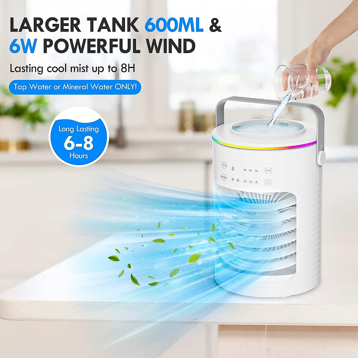 Portable Air Conditioners, 3 Speeds Rechargeable Evaporative Air Cooler With 5000 mAh Batterie, 7-Color LED Light, 2 Cool Mist & 2-8H Timer, Personal Cooling Fan Air Conditioner for Room Car Office