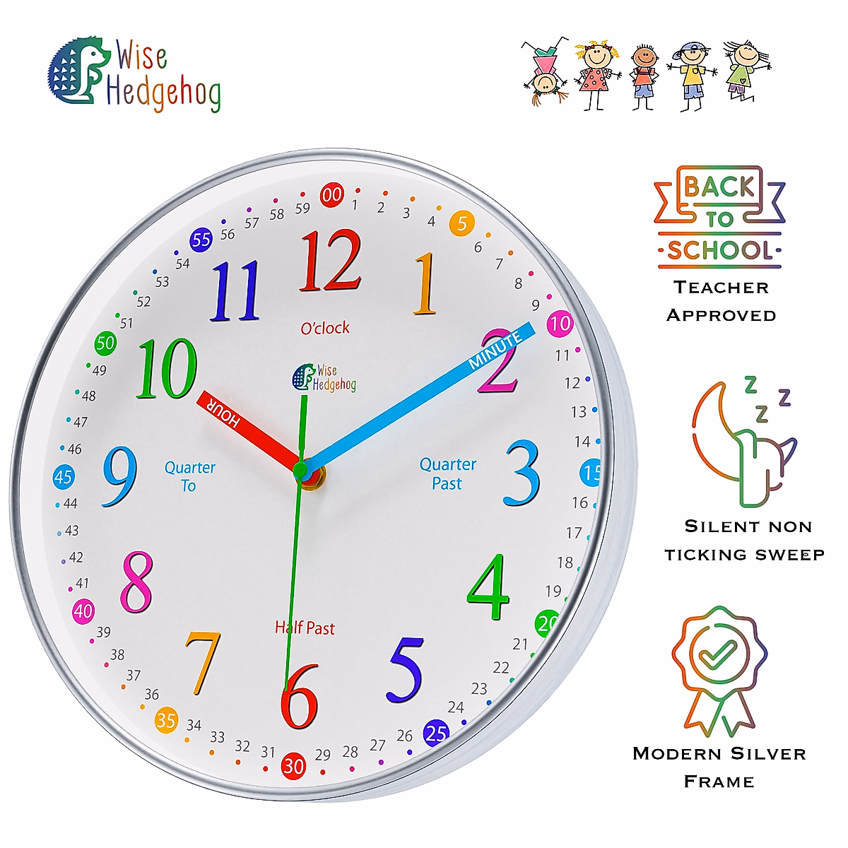WISE HEDGEHOG Learning Clock for Kids, Silent Non Ticking, Telling Time Teaching Clock, Kids Room Wall Decor for Bedrooms, Analog Kids Clock for Teaching Time, Kids Learn to Tell Time Easily
