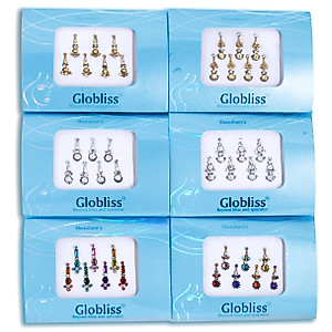 Globliss 6 Packs with 42 Long Indian Bindis face Gems Forehead Sticker Silver Golden Colorful