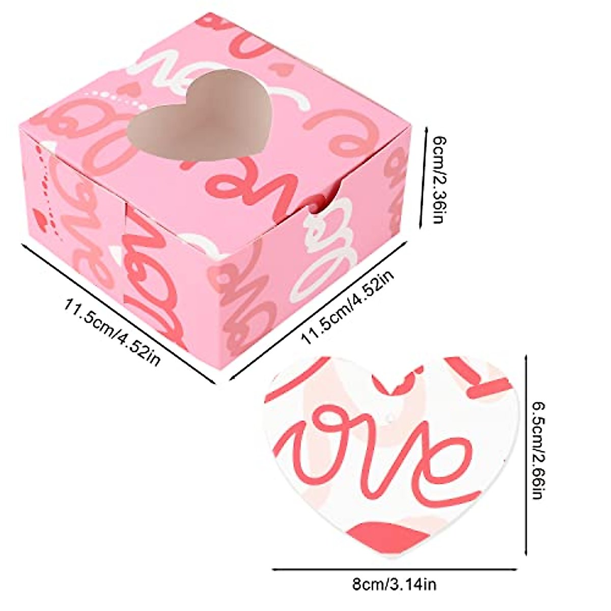 VEYLIN 24PCS Valentine Boxes for Treats, 4”x4”x2.4” Valentines Day Cookie Boxes Cupcake Bakery Boxes with Windows Heart Boxes for Strawberries 6 Designs