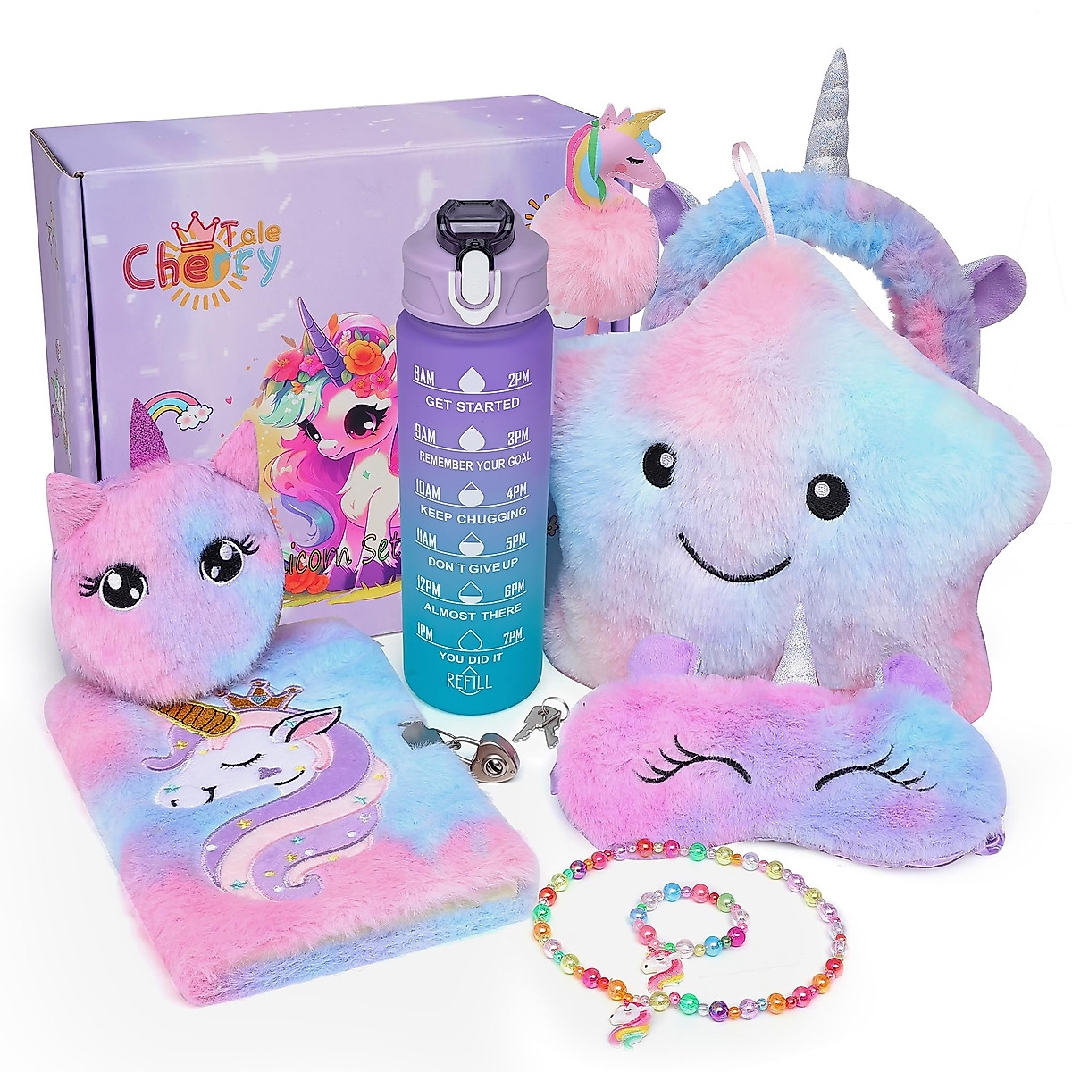 Cherry Tale Unicorns Gifts for Girls Age 6-8, Kids Unicorn Toy Set with Light Up Star Pillow Water Bottle Plush Diary Birthday for Girls Age 4 5 6 7 8 9 10