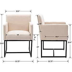 HNY Mid Century Modern Upholstered Dining Chairs with Arms Set of 2, Linen Accent Black Finish Metal Frame, 19'' Wide Arm for Living Room Kitchen Bedroom, Cream, Cream-linen-black Frame