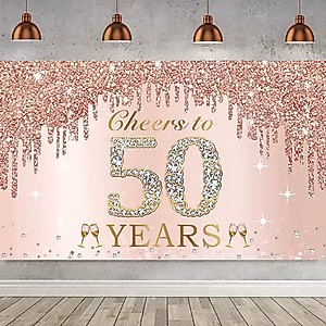 Happy 50th Birthday Backdrop for Women Pink Rose Gold Glitter Po Cheers to 50 Years Party Cake Banner Decor Poster Background
