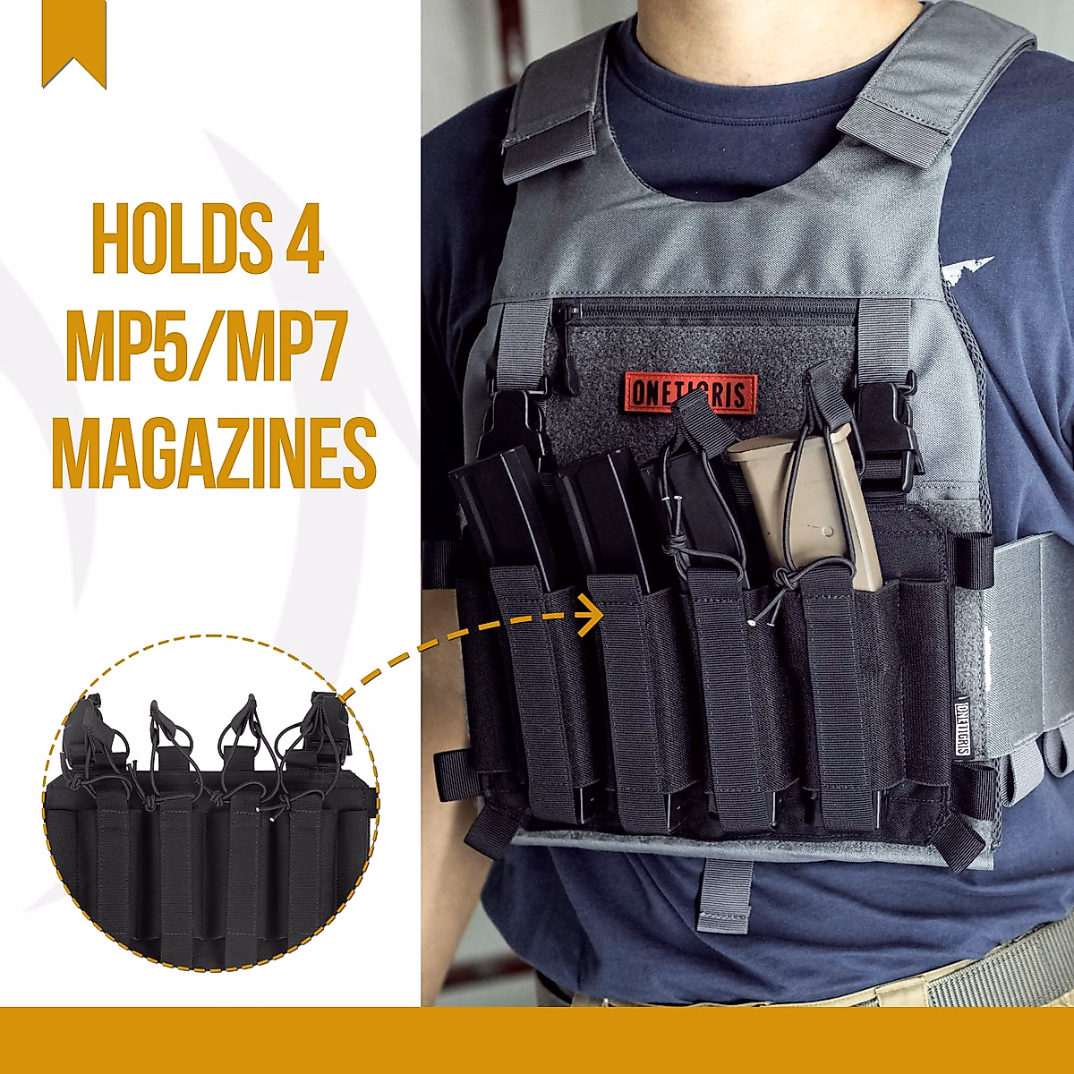 OneTigris SMG Magazine Pouch with Hook Backing Tactical Placard for MP5 MP7 Magazines with Elastic Retention Straps Black