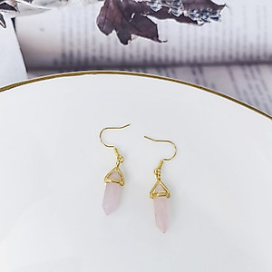 Ladywowu Rose Quartz Earrings for Women, Natural Healing Crystal Earrings Gold, Cute Hexagonal Points Pink Reiki Gemstones Dangle Drop Earrings