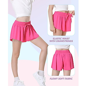 QooNoo Girls Butterfly Shorts with Pocket Flowy Athletic Shorts High Waist Preppy Running Shorts for Kids Teen (Hot Pink,Small)