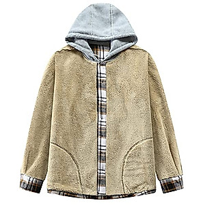 Derbars Men's Sherpa Lined Winter Jackets Warm Camp Hooded Flannel Shirt for Men Khaki Medium