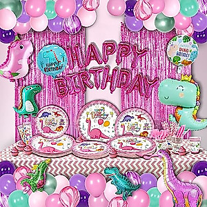 Party Spot! 150 pcs Dinosaur Birthday Party Supplies For Girls (Serves 12), Pink Dinosaur Party Decorations, 50 pcs Latex Balloons, 12 sets Tableware, Plates, Tablecloth, Installation Tools