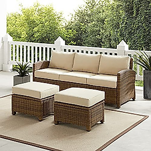 Crosley Furniture Bradenton 3-Piece Outdoor Sofa Patio Furniture Set, Wicker Conversation Sets for Porch, Brown with Sand Cushions
